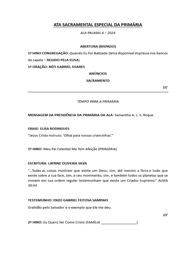 Ata Sacramental Especial Da Primária Sud | PDF
