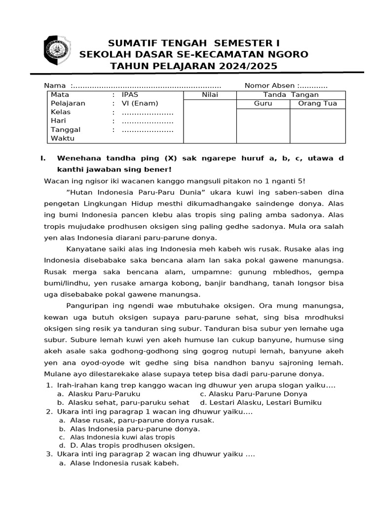 Soal STS 1 Bahasa Jawa Kelas Vi | PDF