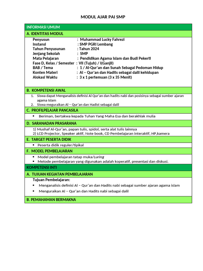 Modul Ajar Pai Kelas 7 Bab 1 | PDF