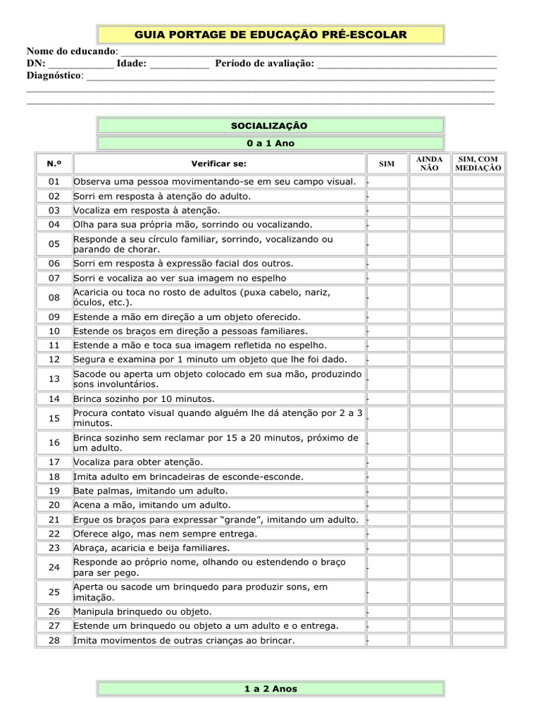 1 GUIA PORTAGE DE EDUCAÇÃO PRÉ-ESCOLAR - folha-portage-2 | PDF
