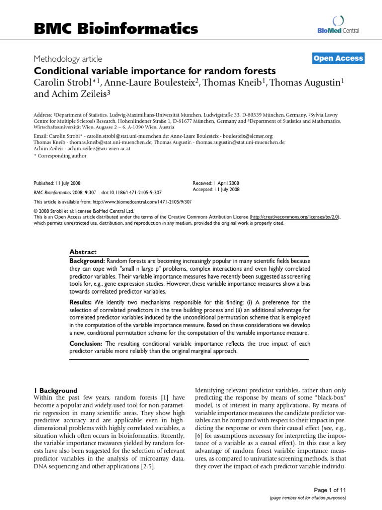 BMC Bioinformatics: Conditional Variable Importance For Random Forests | PDF