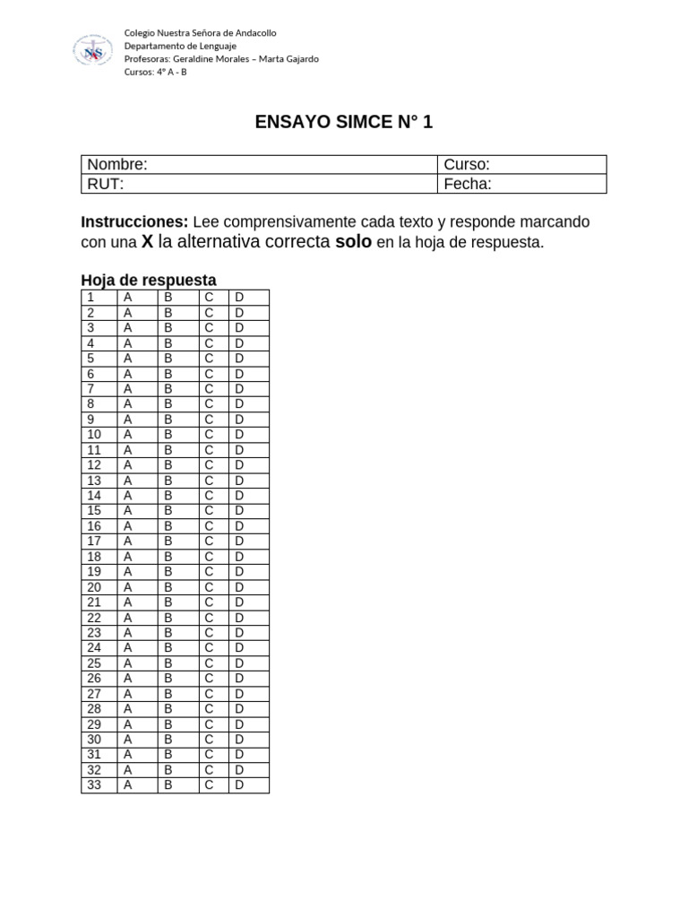 Ensayo Simce 4°a - B | PDF