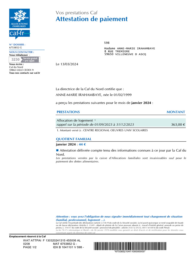 Attestation Caf | PDF