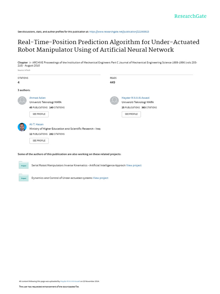 Realtime Position Prediction Algoritm For Under Actuated Robot Manipulator Using Artificial