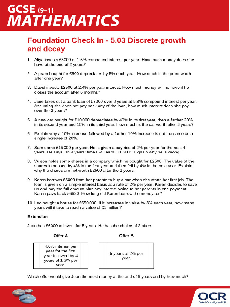 Foundation Topic Check in 5.03 Discrete Growth and Decay | PDF