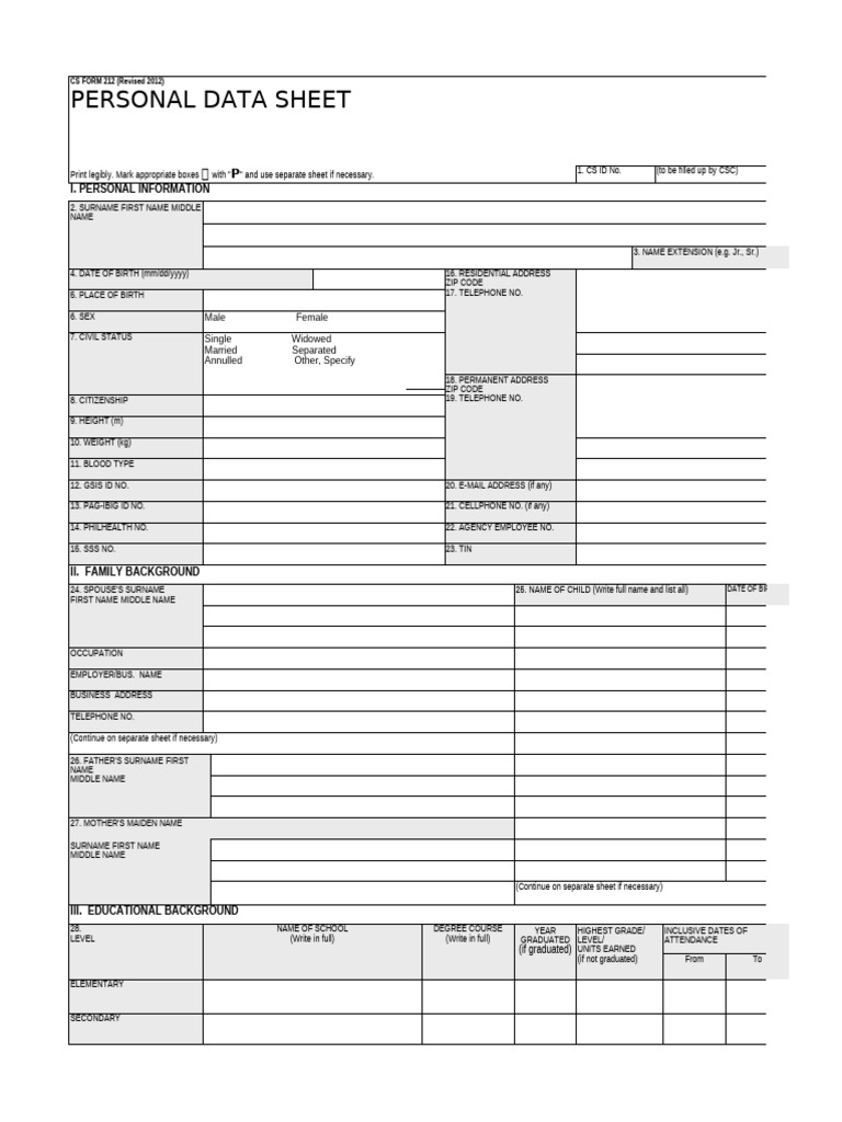 Csc Form 212 Revised 2012 Compress Pdf