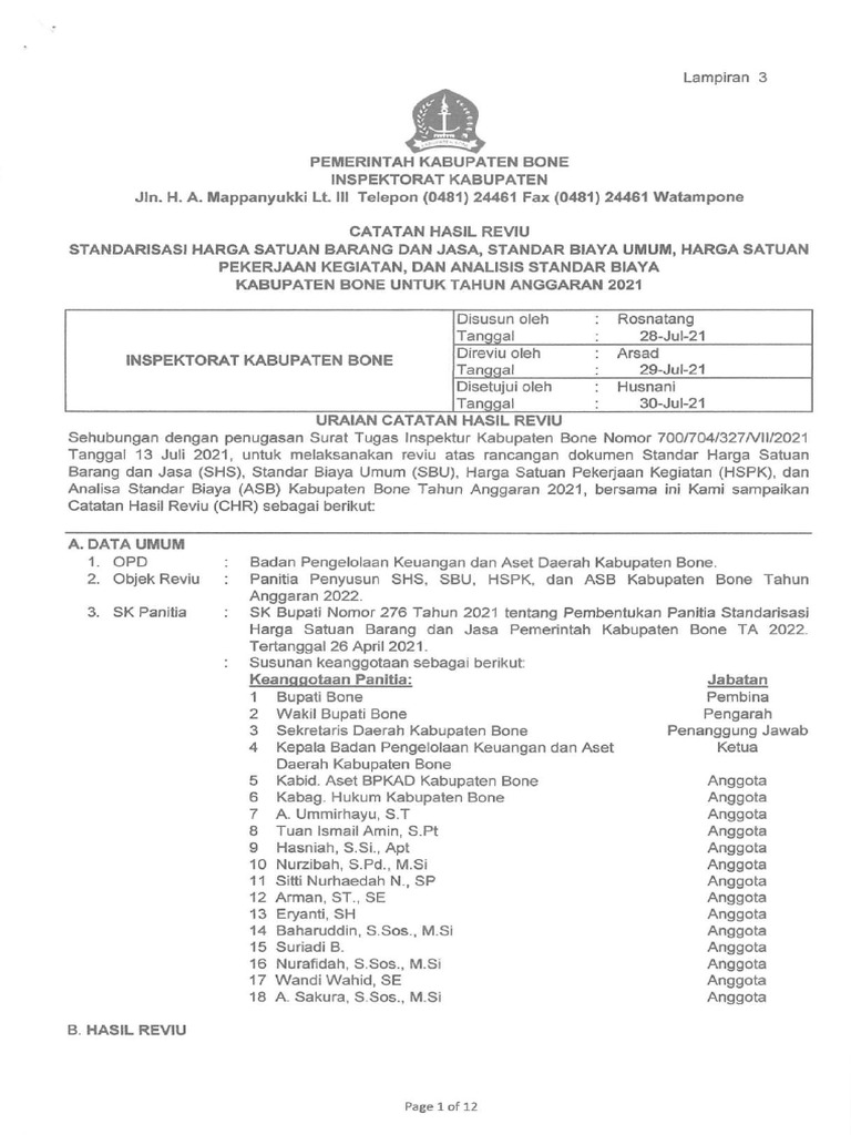 Reviu SSH DLL Oleh Inspektorat 2021-2022 | PDF