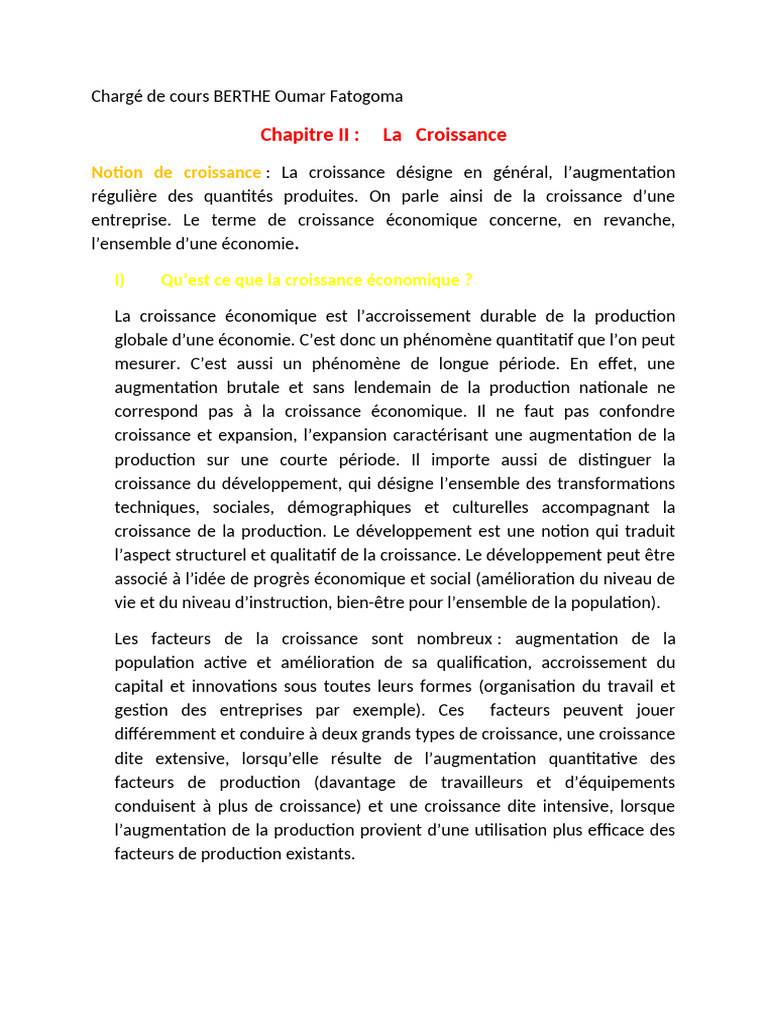 Chapitre II La croissance (1) | PDF
