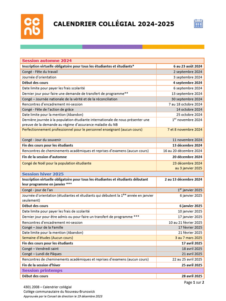 Calendrier Collegial 2024-2025 | PDF