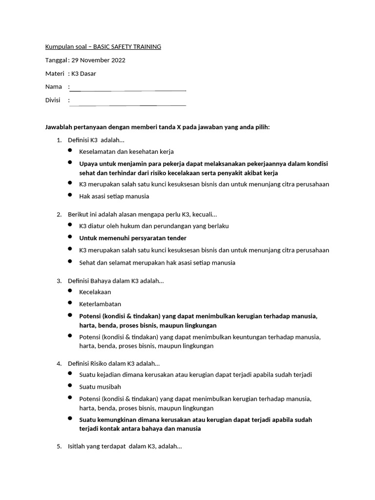2020-12-1 - Basic&Intermediate - Soal Safety Training | PDF