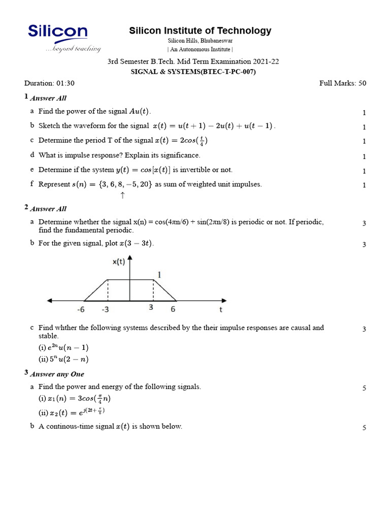SIGNAL & SYSTEMS (BTEC-T-PC-007) - Mid Term Exam - 2021-2022 | PDF | Convolution | Digital ...