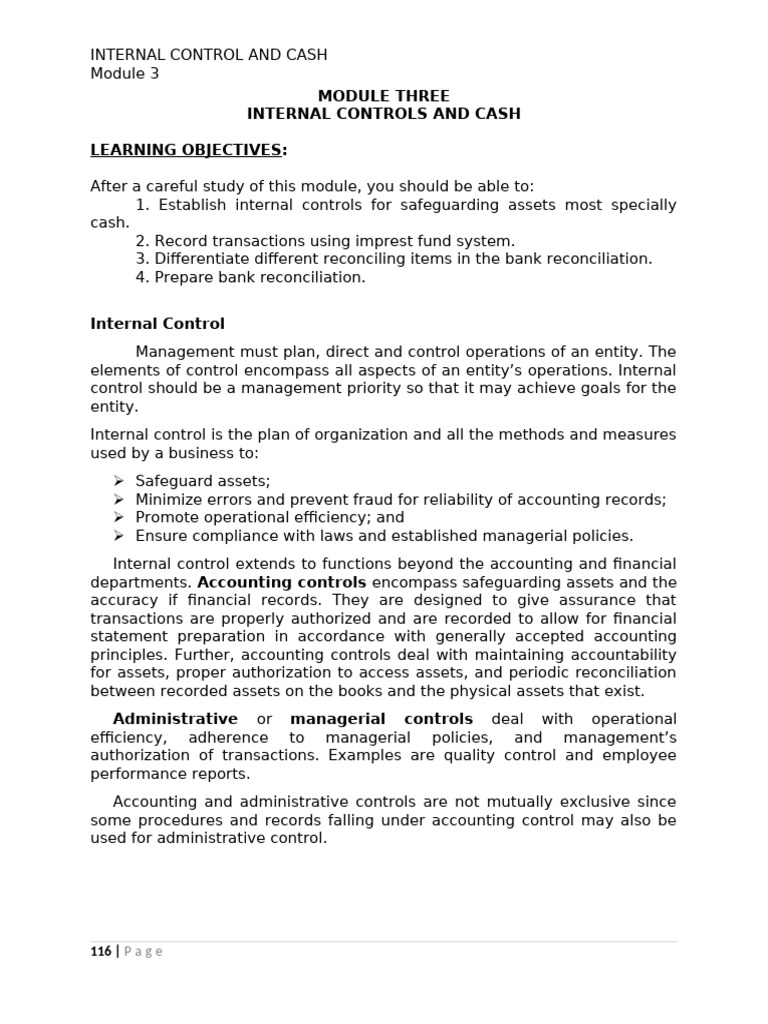 Module Three Internal Controls and Cash Learning Objectives | PDF