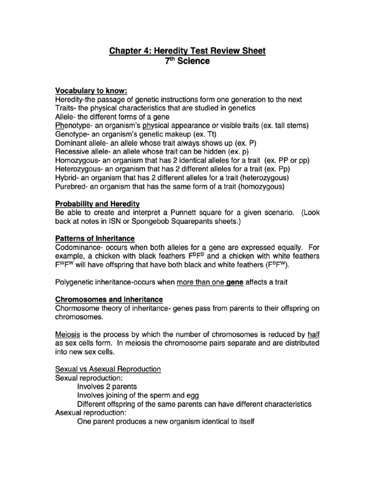 Chapter 4 - Heredity Test Review Sheet 7 TH Science | PDF