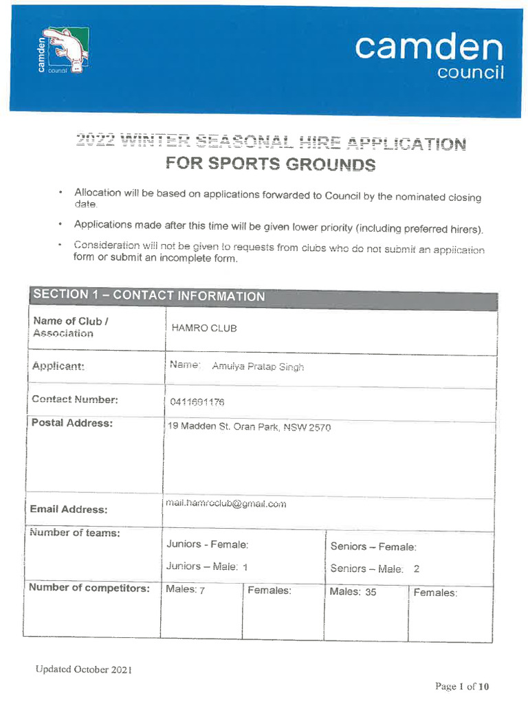 Sports Ground Hire Application Form | PDF