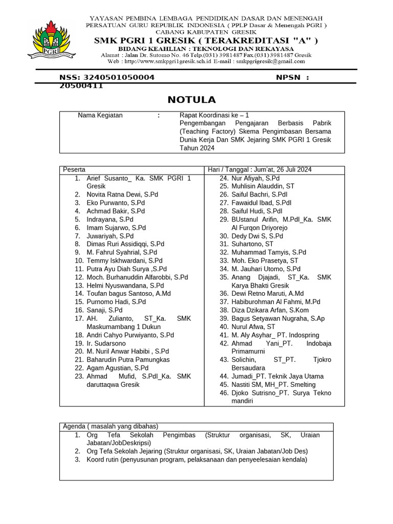 NOTULA RAPAT KOORDINASI, 26 JULI 2024 - Sesuai Format Lap.50 % | PDF