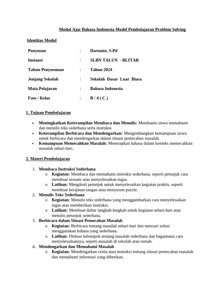 Modul Ajar Bahasa Indonesia Fase B Kelas 4 Tunagrahita Dengan Model Pembelajaran Problem Solving ...