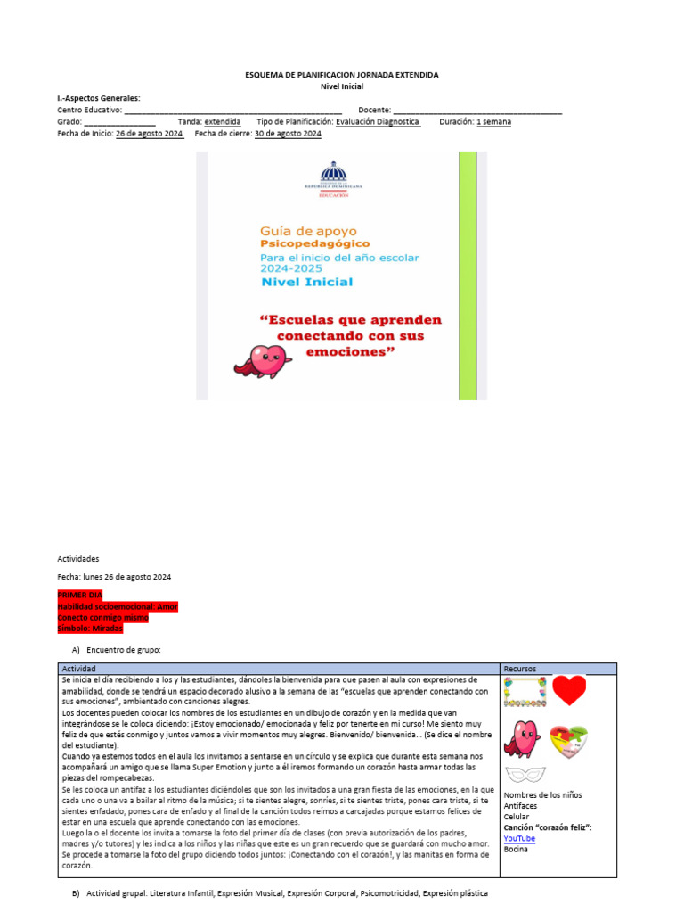 Planificacion Semana de Adaptacion | PDF | Maestros | Amor