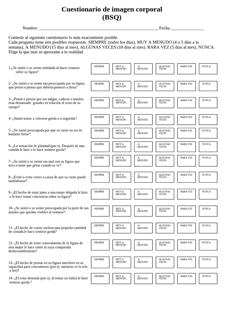 Cuestionario de imagen corporal (BSQ) | PDF