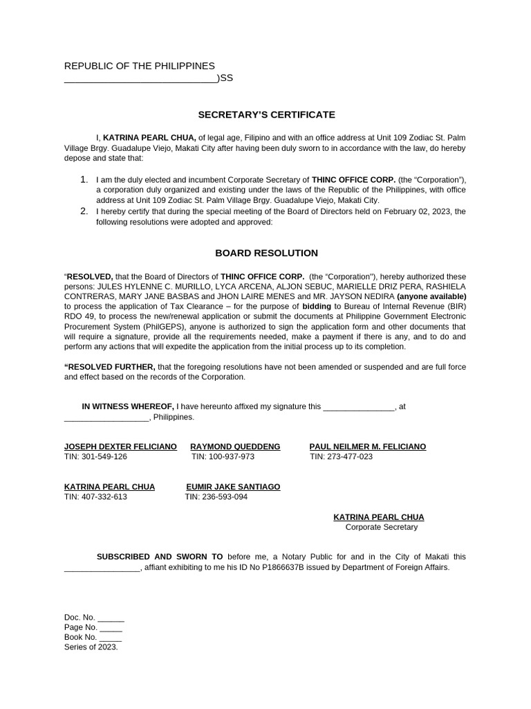 BOARD RESOLUTION X SEC CERT | PDF