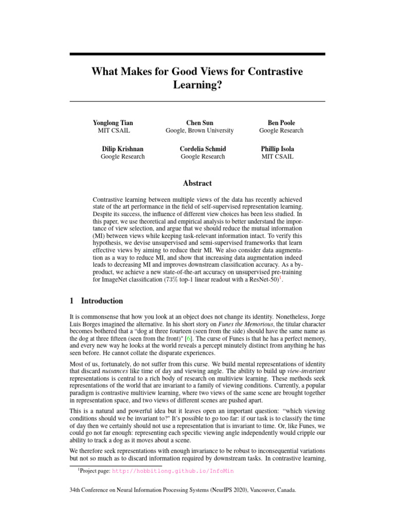 NeurIPS 2020 What Makes For Good Views For Contrastive Learning Paper | PDF