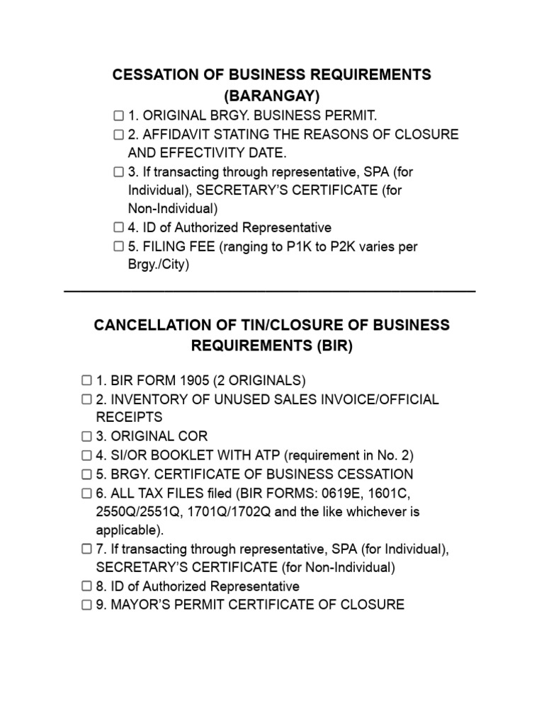 Bir and Brgy Closure Requiremnets | PDF