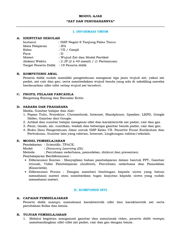 Modul Ajar Ukin Wujud Zat Dan Model Partikel | PDF