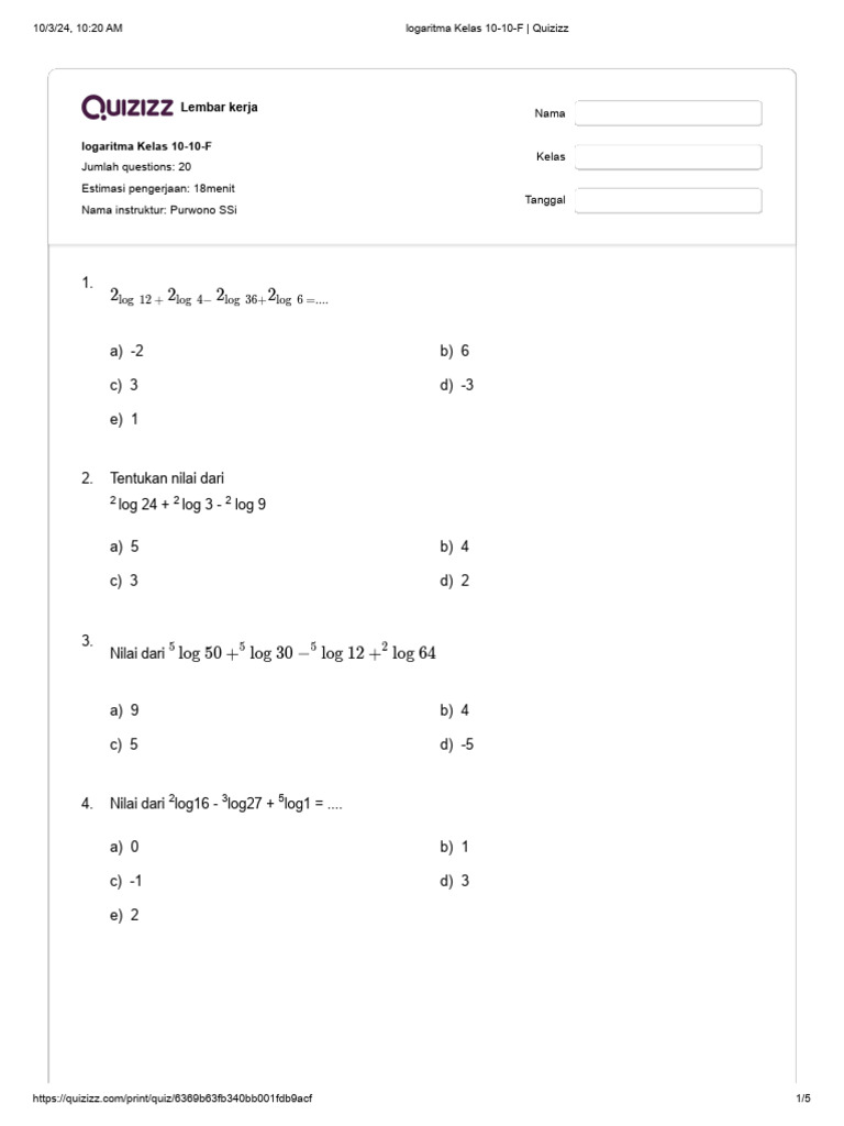 Logaritma Kelas 10 10 F Quizizz Pdf