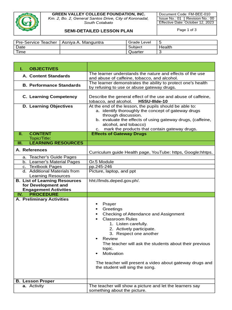 FM Bee 010 Semi Detailed Lesson Plan Asniya | PDF | Lesson Plan | Learning