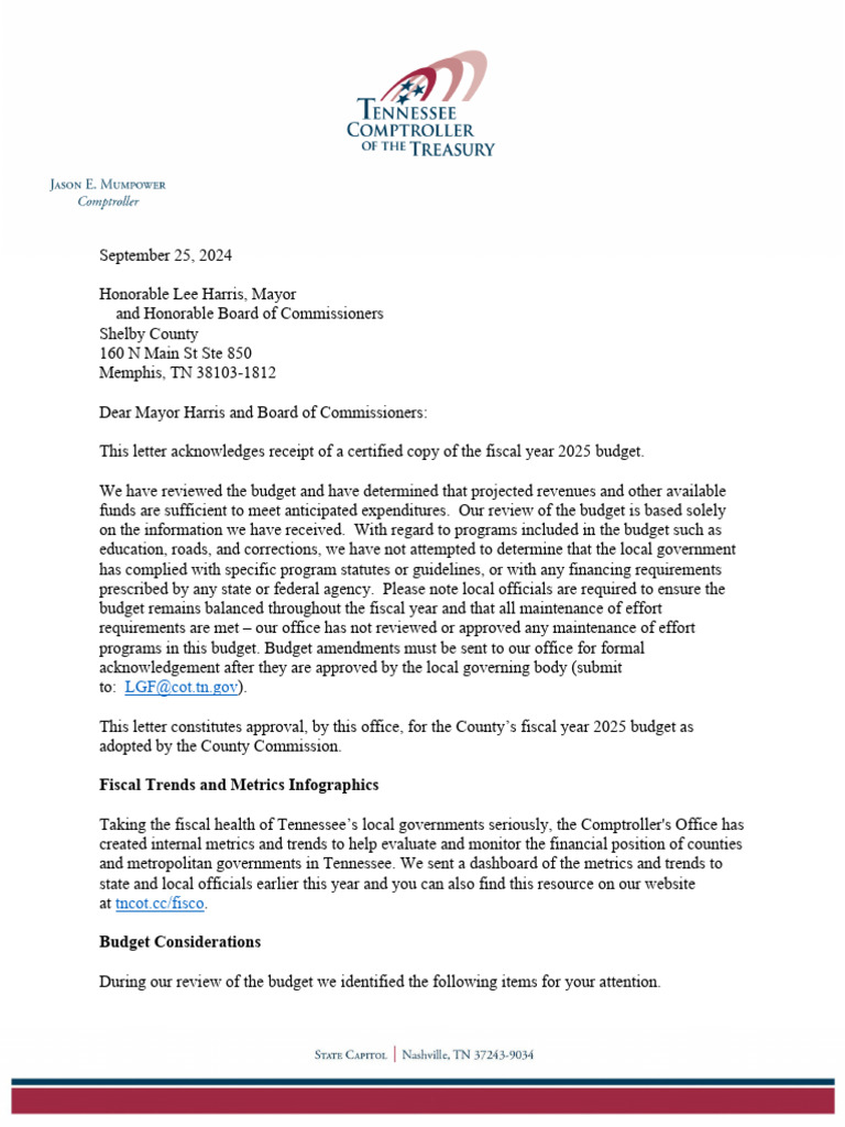Shelby County 2025 Budget Approval Letter | PDF | Budget | Business