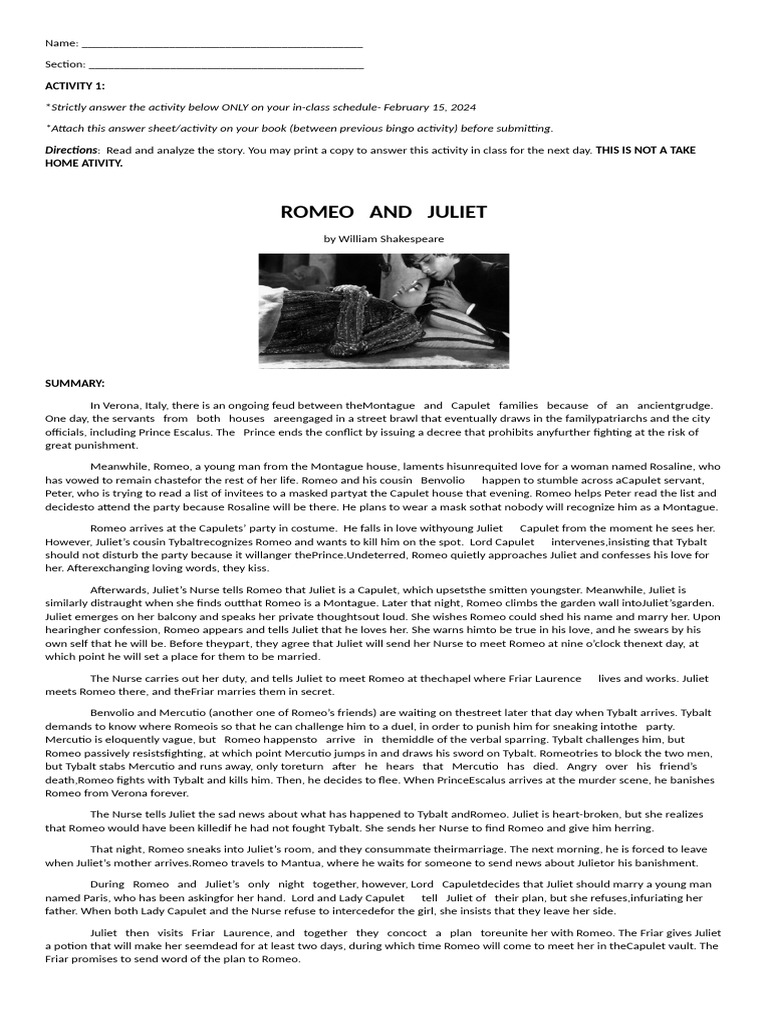 ACTIVITY 1 Romeo and Juliet | PDF | Characters In Romeo And Juliet ...