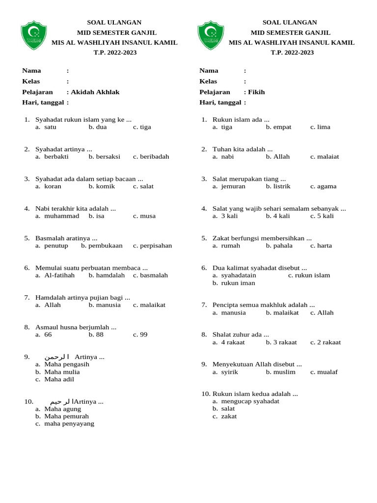 Soal Mid Semester Ganjil Kelas 1 2022-2023 | PDF
