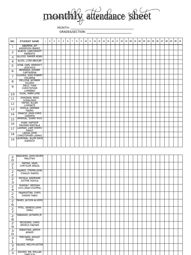 Attendance Sheet - Grade 11 Platinum | PDF