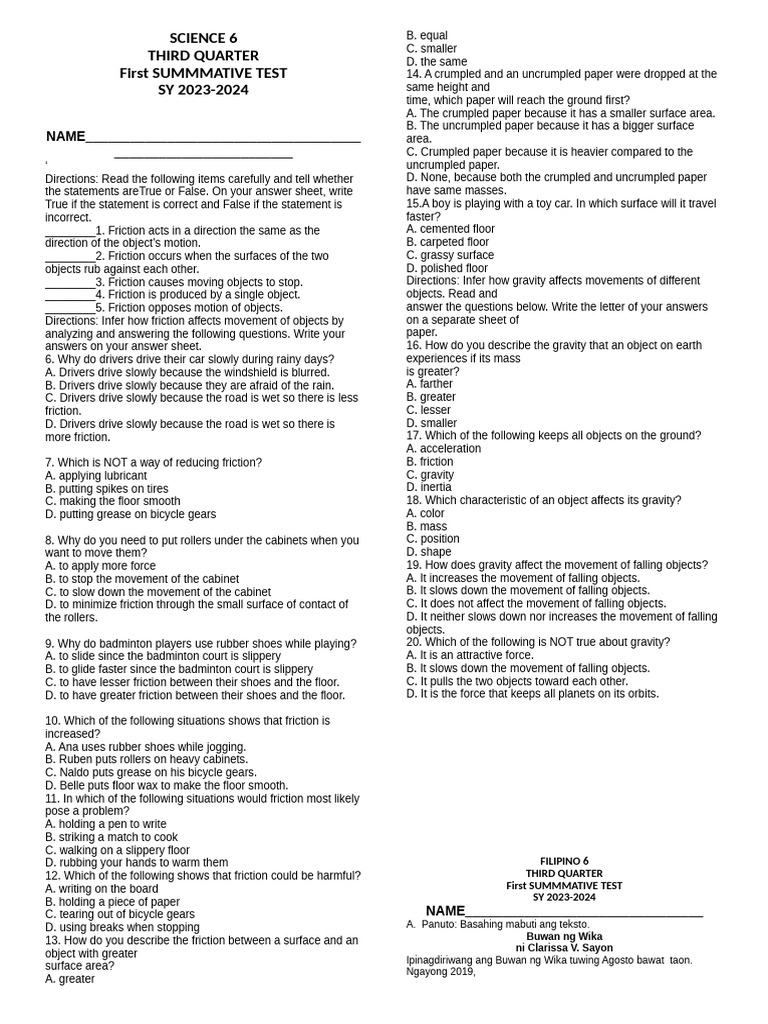 Grade 6 Thrid Quarter Summative Tests First | PDF
