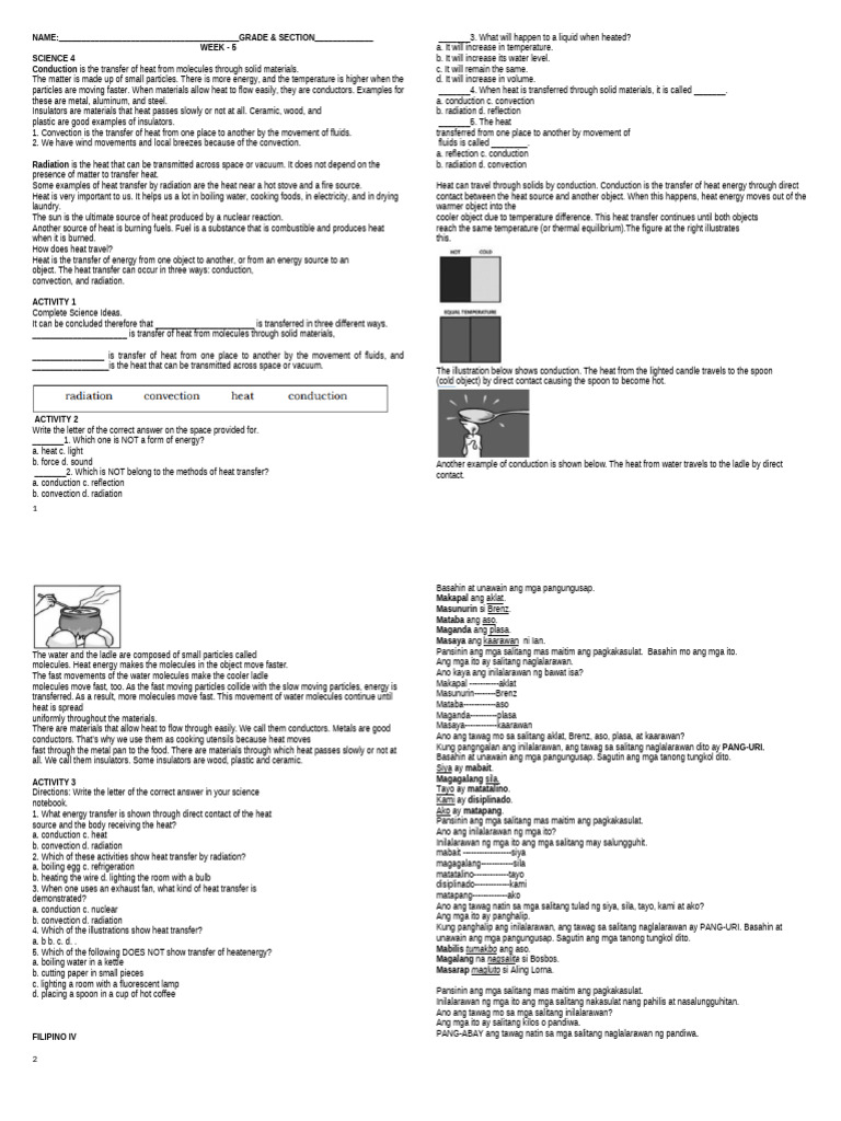 Grade 4 Activity Sheets Week 5 Third Quarter | PDF | Heat Transfer ...