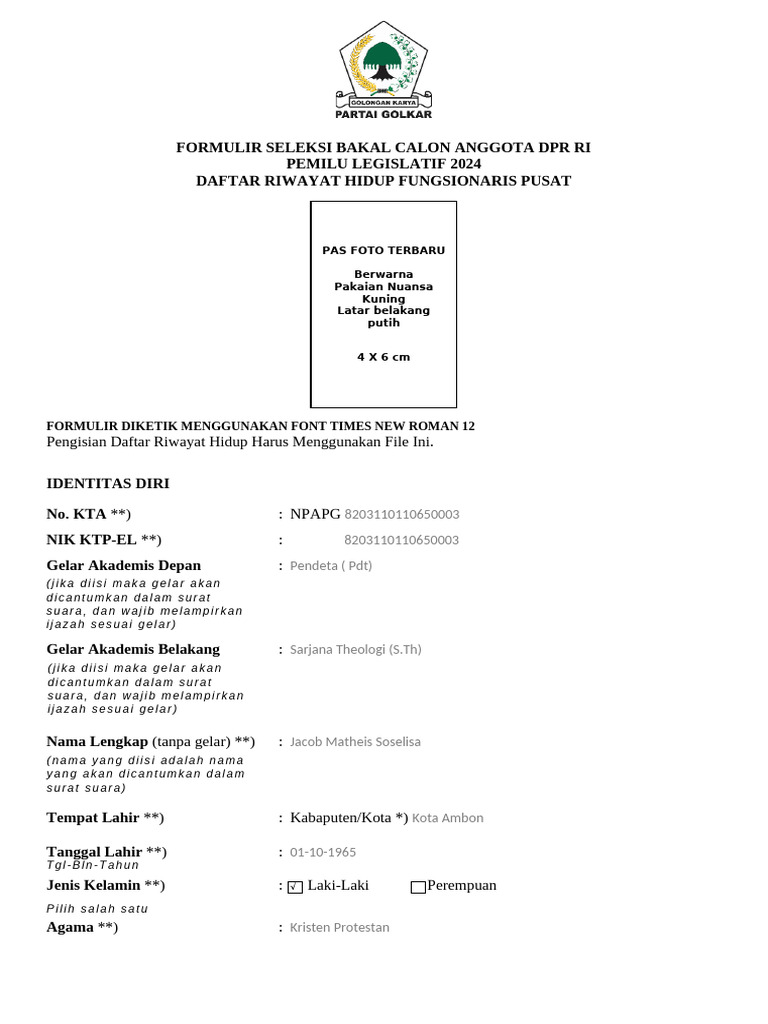Formulir Seleksi Bakal Calon Anggota DPR Ri | PDF