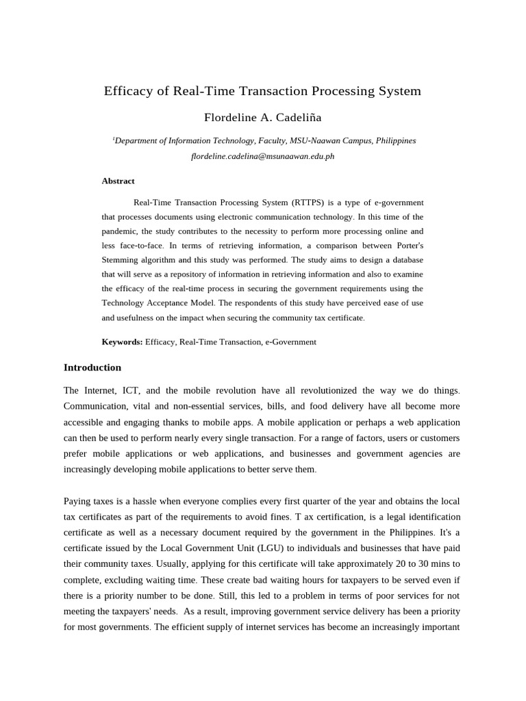 Efficacyof Real Time Transaction Processing System | PDF | Information Technology | Computers