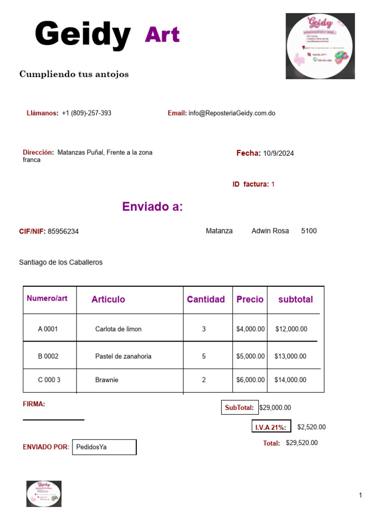 Factura de Repostería Geidy Art | PDF