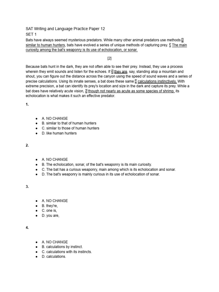 SAT Writing Practice: Bats & Park Rangers | PDF | Bat | Foreign ...