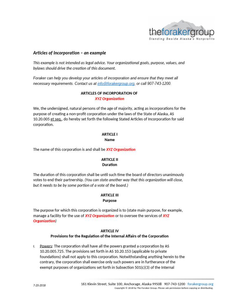 Articles of Incorporation Example | PDF