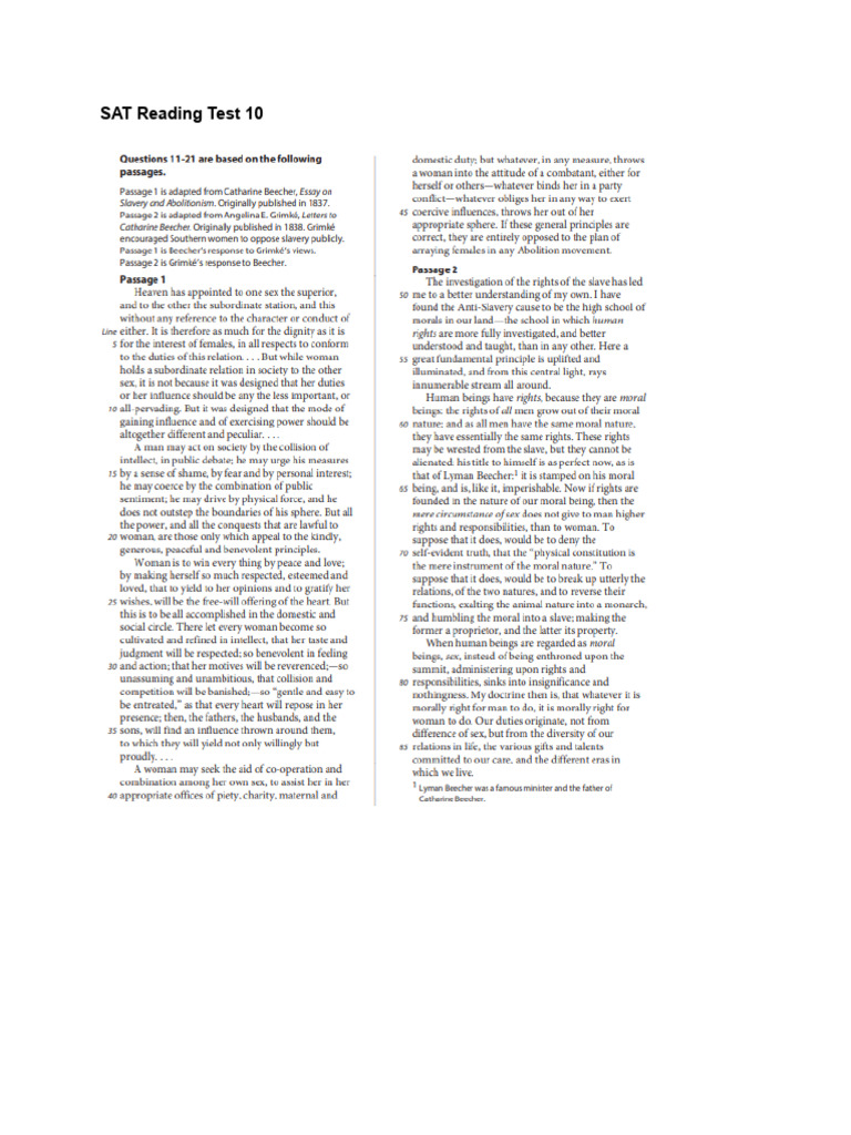 Reading SAT Practice Test 10 | PDF