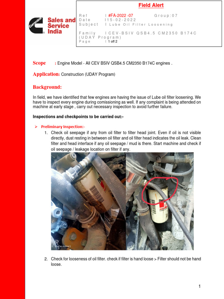 FA-2022-7-REV0-BSIV QSB4.5 - SOP For Lube Oil Filter Inspection | PDF
