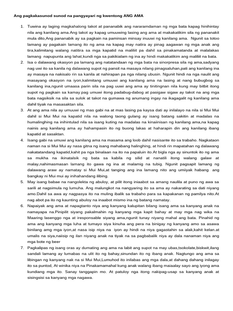 Ang pagkakasunod sunod na pangyayari ng kwentong ANG AMA | PDF Ang pagkakasunod sunod na pangyayari ng kwentong ANG AMA | PDF