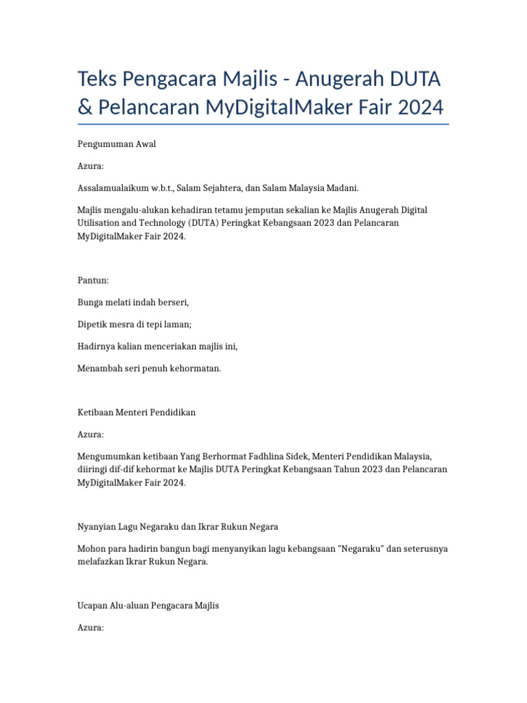 Teks Pengacara Majlis DUTA MyDigitalMaker Fair 2024 | PDF