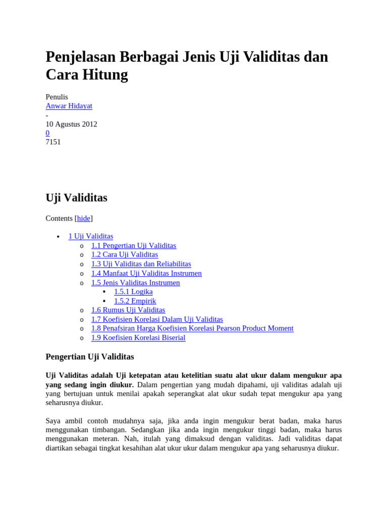 Penjelasan Berbagai Jenis Uji Validitas Dan Cara Hitung | PDF