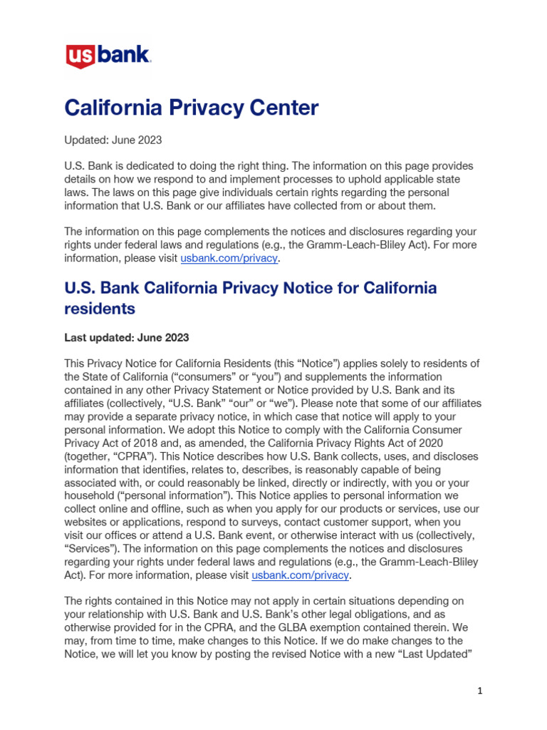 US Bank California Privacy Notice | PDF