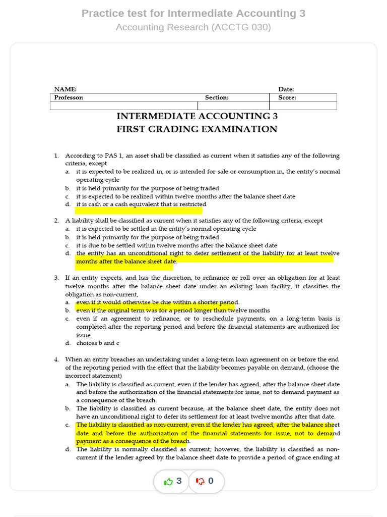 Practice Test For Intermediate Accounting 3 - Compress | PDF | Going ...