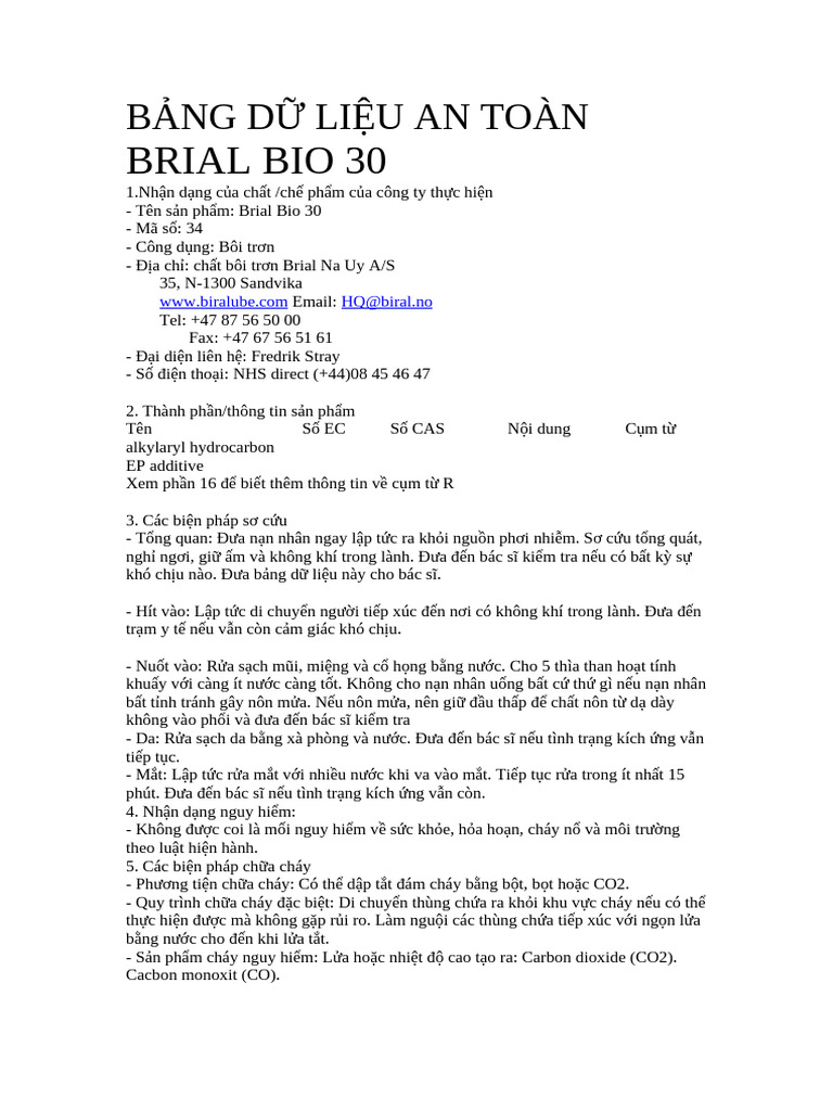 Bảng Dữ Liệu an Toàn Brial Bio 30 | PDF