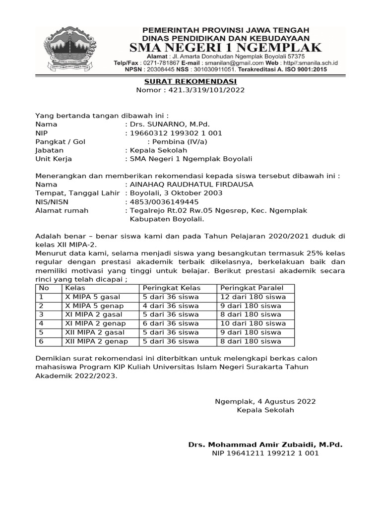 Contoh Rekomendasi Nilai | PDF