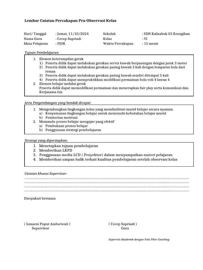 Lampiran 4 - Lembar Catatan Percakapan Pra-Observasi Kelas - Cecep | PDF