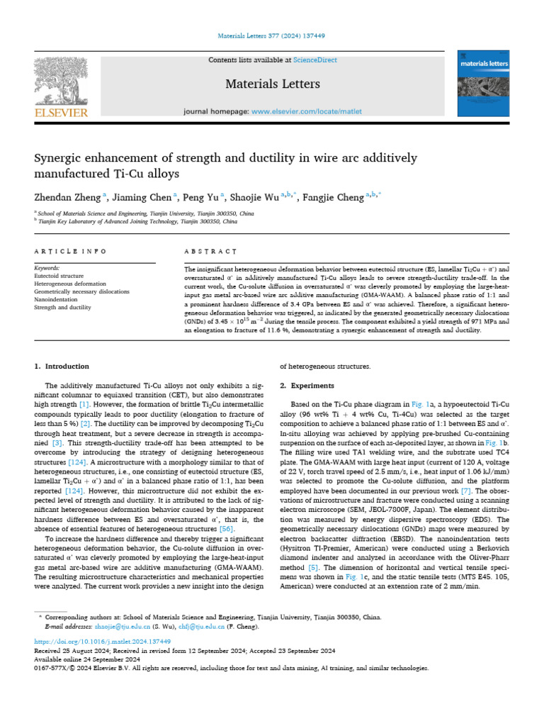 Materials Letters: Zhendan Zheng, Jiaming Chen, Peng Yu, Shaojie Wu ...